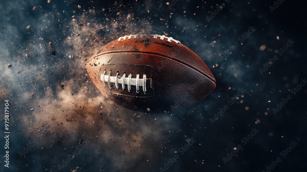 High-speed action shot of an American football flying through the air ...