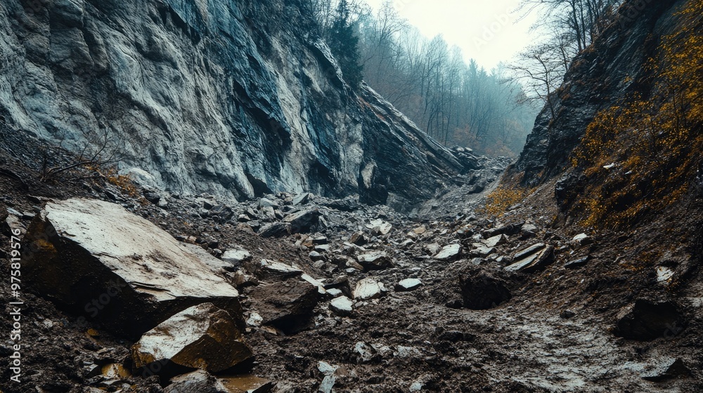 The aftermath of a landslide, with large rocks and earth scattered at ...