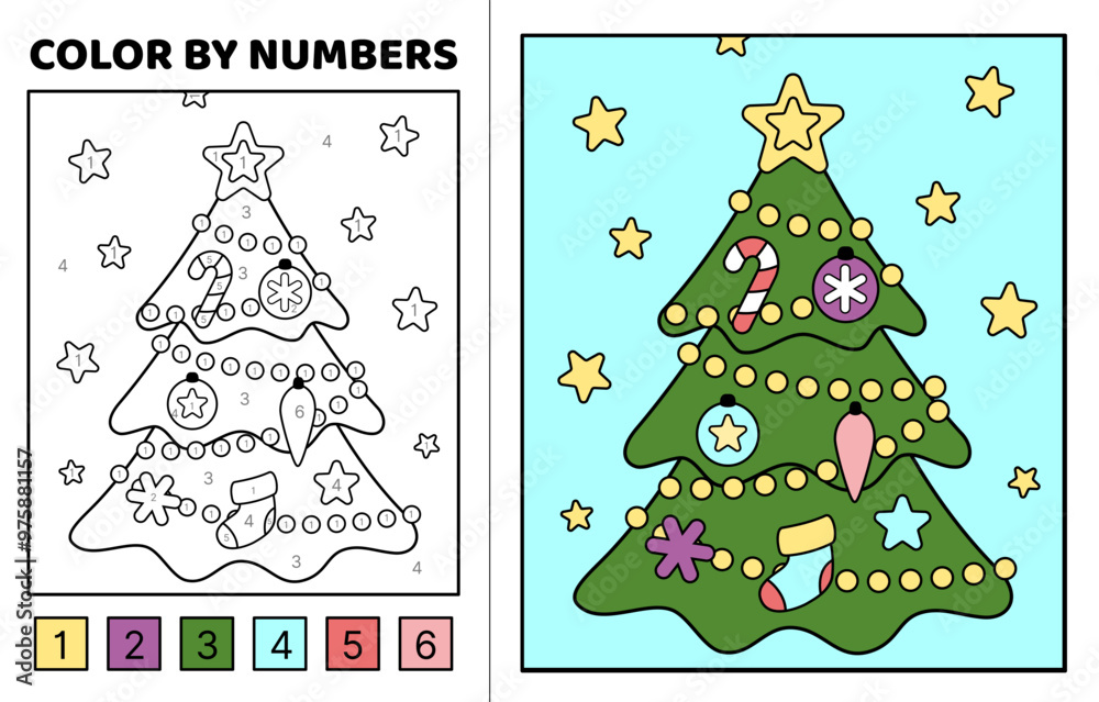 Color by number. Christmas tree. Coloring page. Game for kids. Cartoon ...