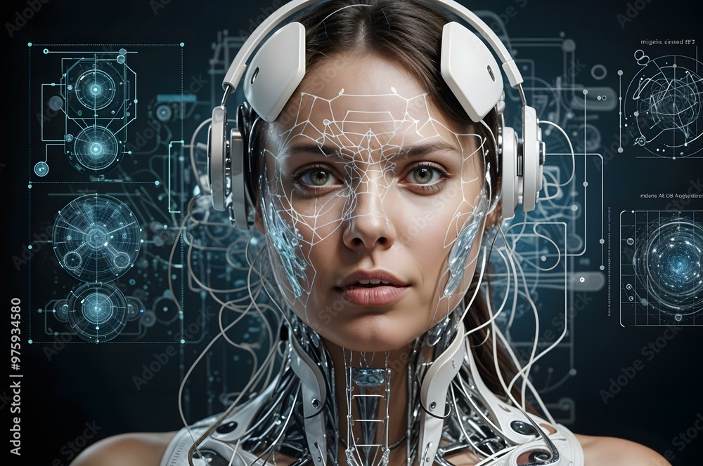 Close-up of a young cyborg woman with cybernetic facial elements ...
