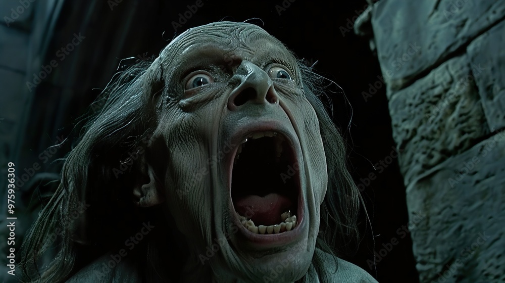 A close-up of a man with a pale face and long, stringy hair screaming ...