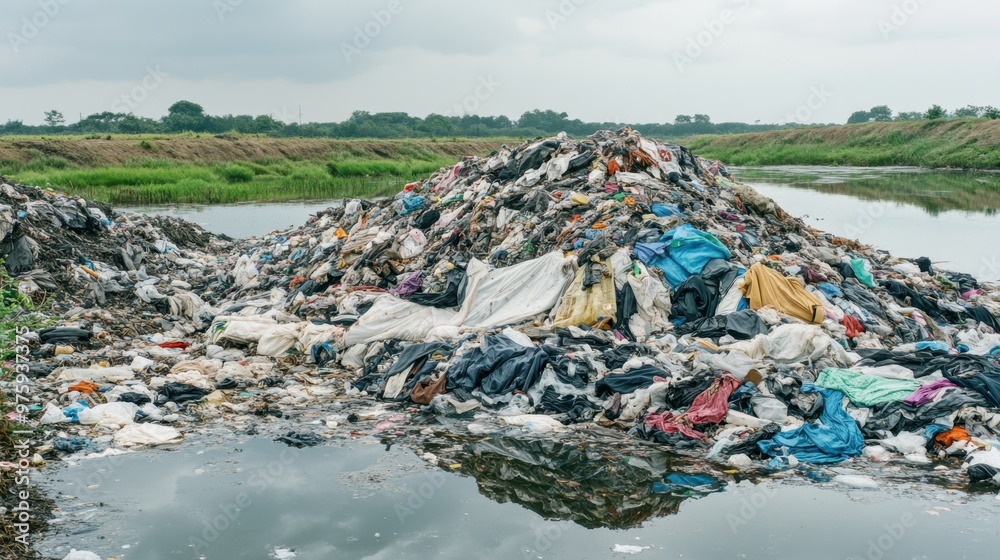 Stock-Foto „Piles of discarded clothing polluting rivers decaying ...