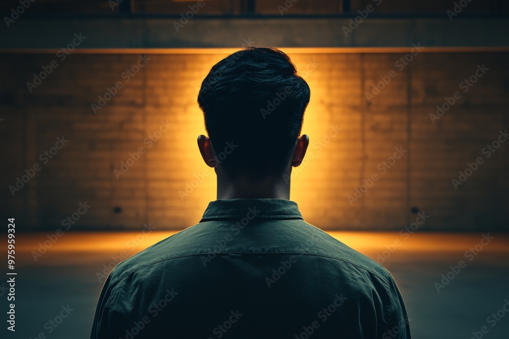 Man standing alone in a dark room with a spotlight on his back ...
