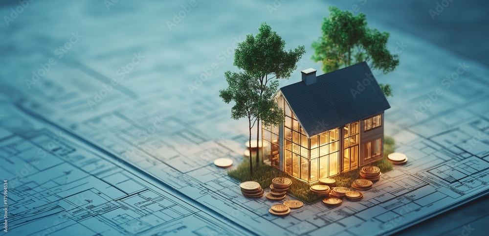 Architectural model of a house on blueprints with trees, symbolizing ...
