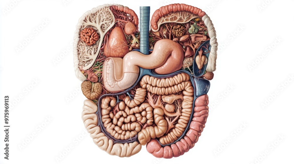 An anatomical diagram of the human digestive system, with labeled ...