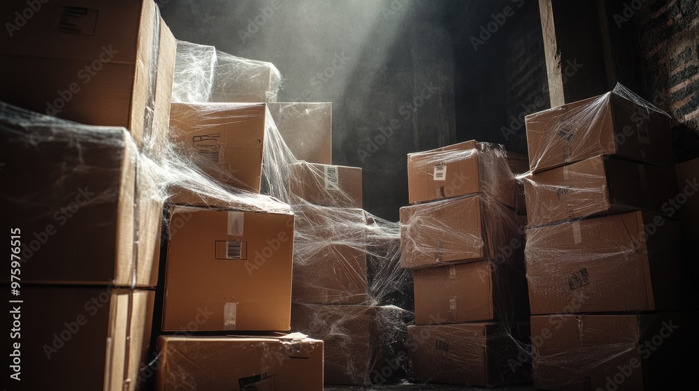 Stacked cardboard boxes in a basement or attic, covered with a thin ...