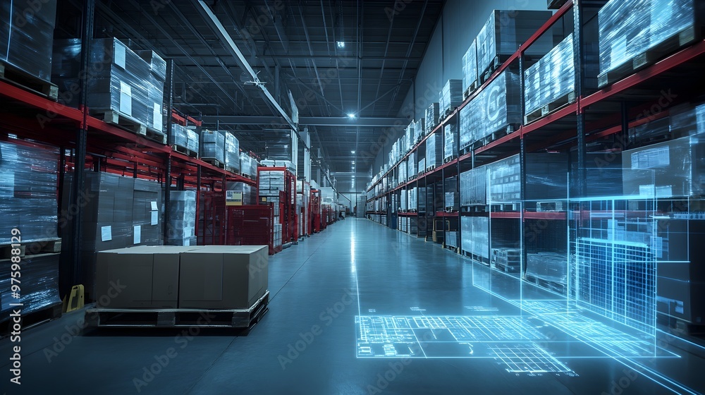 Futuristic automated warehouse interior featuring a high-tech digital ...
