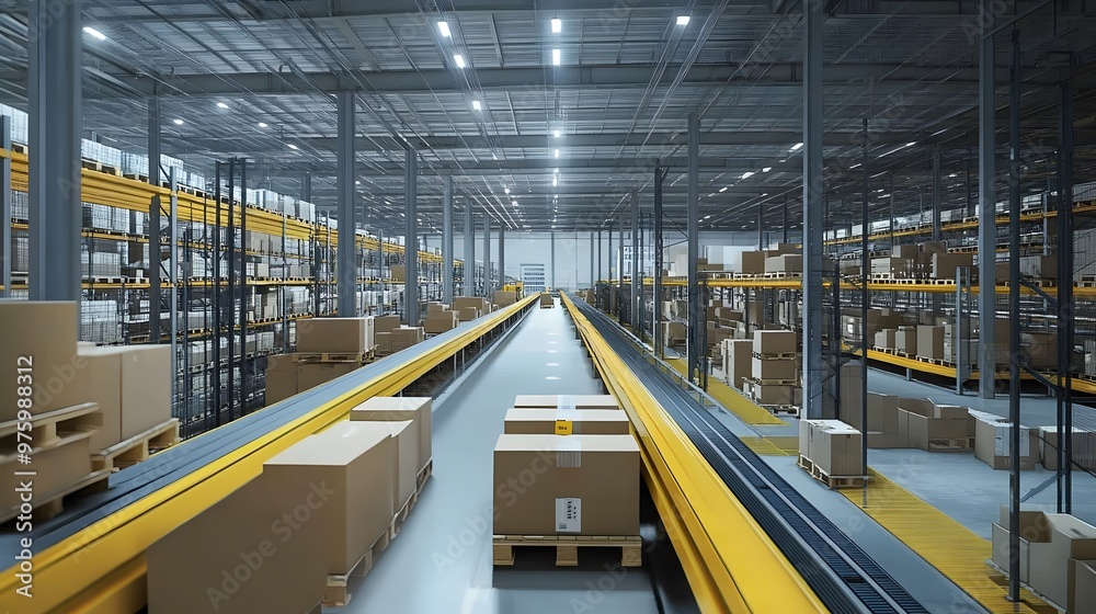 Automated warehouse interior with rows of shelving units and stacks of ...