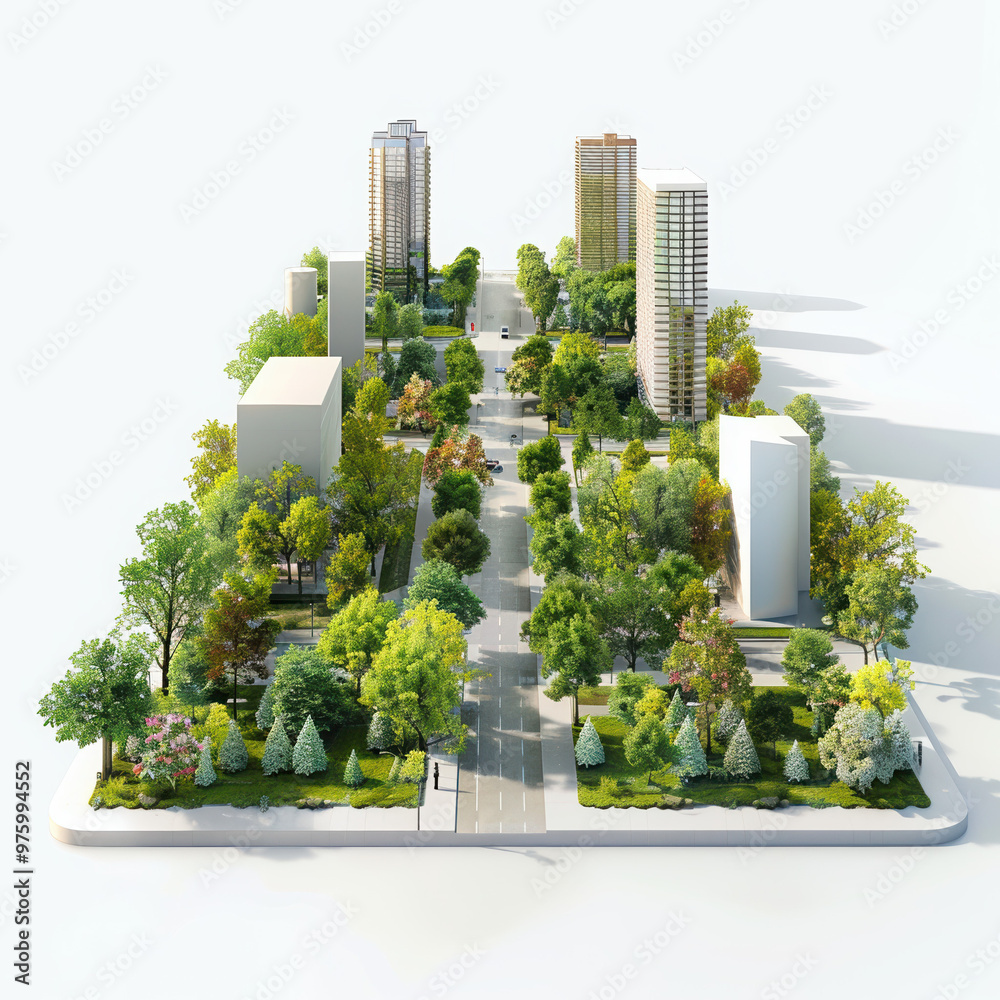 cityscape urban buildings skyscrapers greenery trees road modern ...
