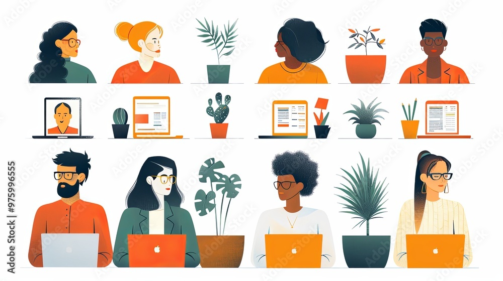 Telework people bento grid illustration set. Working from home 2D ...