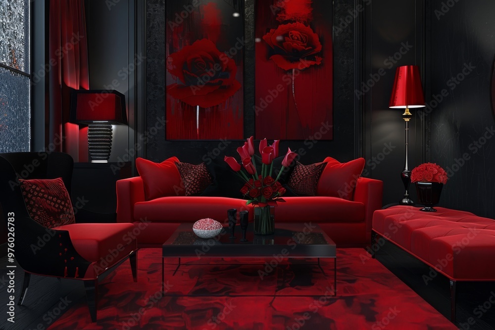 Dramatic interplay of red and black, blending deep crimson with ebony shadows to evoke passion ...