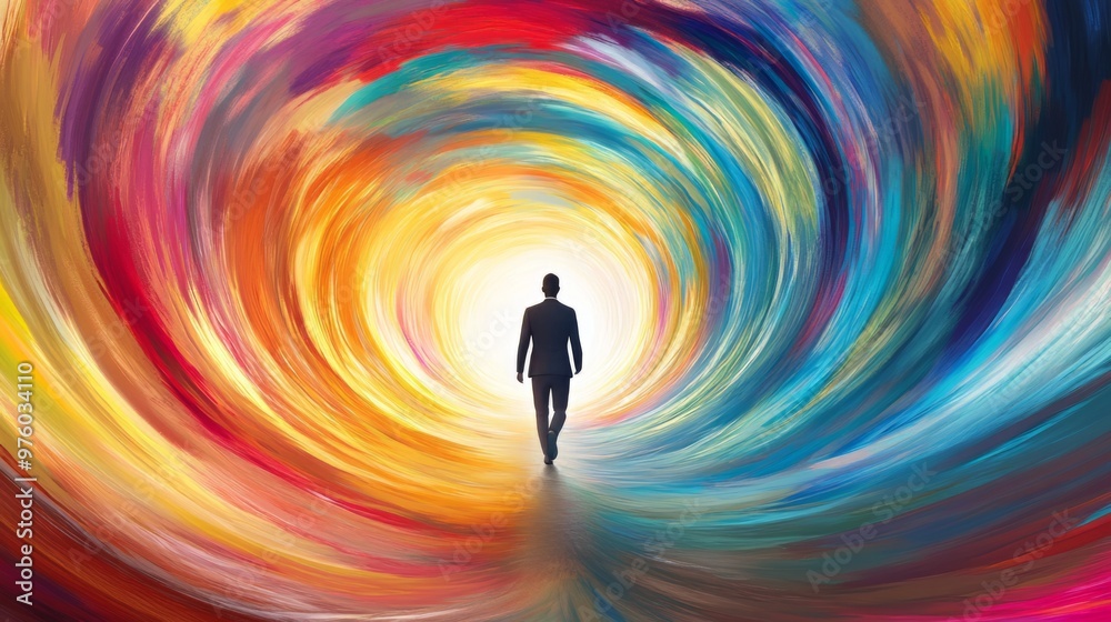 Person walking through a colorful tunnel of swirling ideas, heading ...