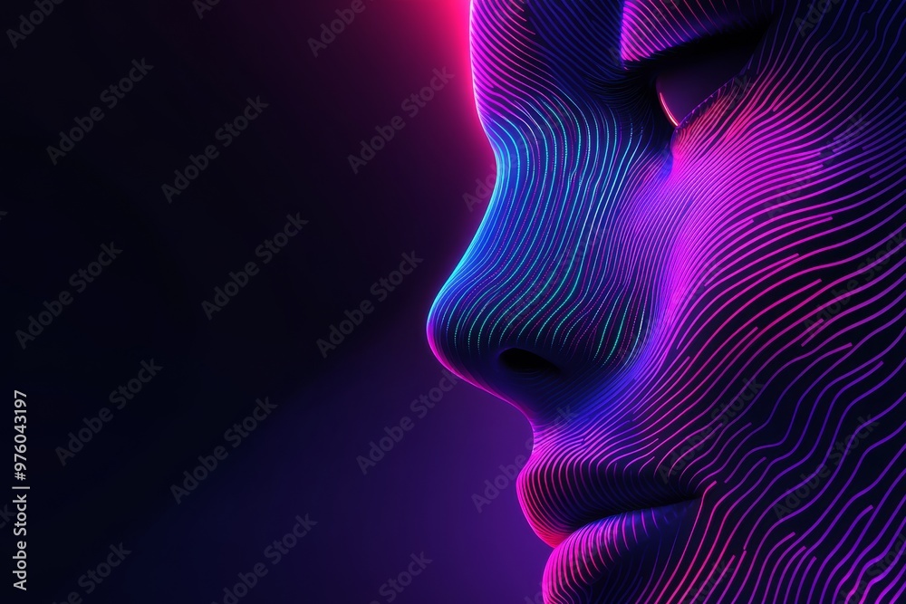 Abstract neon profile of a human face symbolizing thought energy and ...
