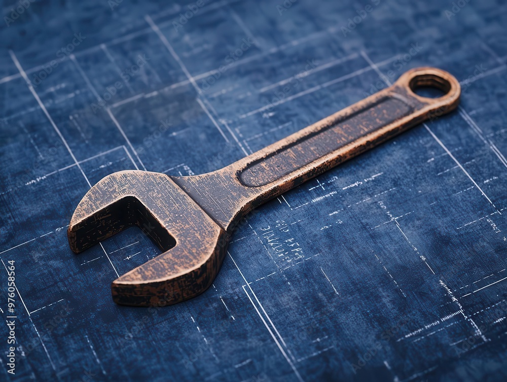 Blueprint of wrench with annotations and mechanical labels, industrial ...