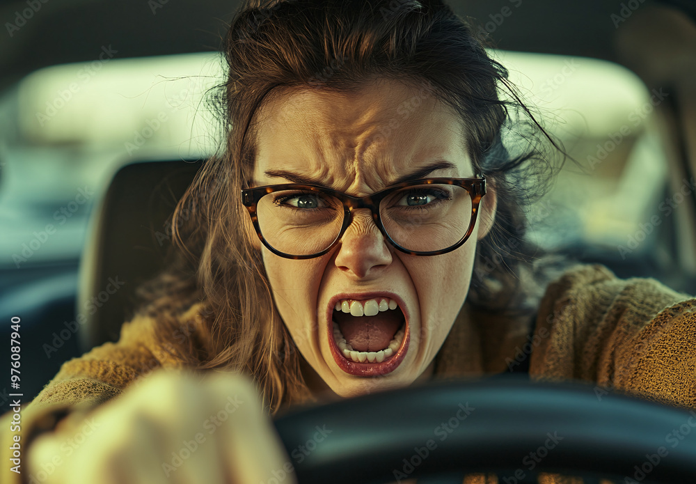 Angry driver shouting and pointing while sitting behind the wheel of a ...