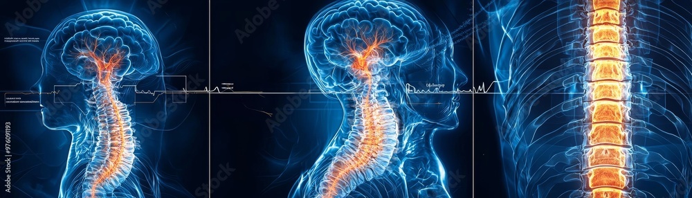 MRI precision resolution concept. High-definition MRI cross-section showing detailed spinal cord ...