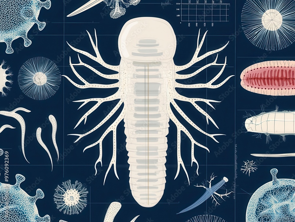 Blueprint-inspired bacteria structure with geometric patterns, cross ...