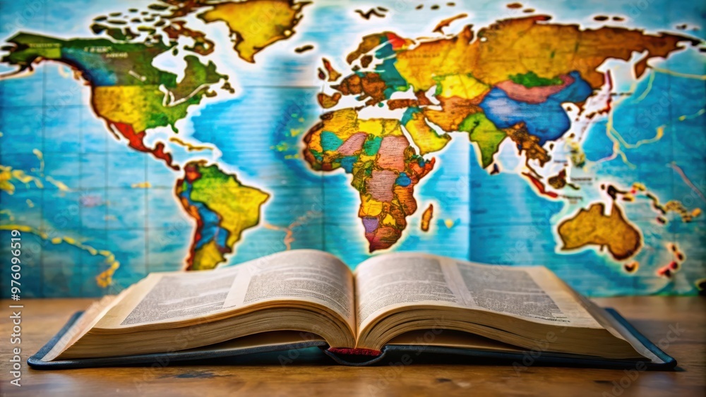 Stock photo featuring an open bible with a world map in the background ...