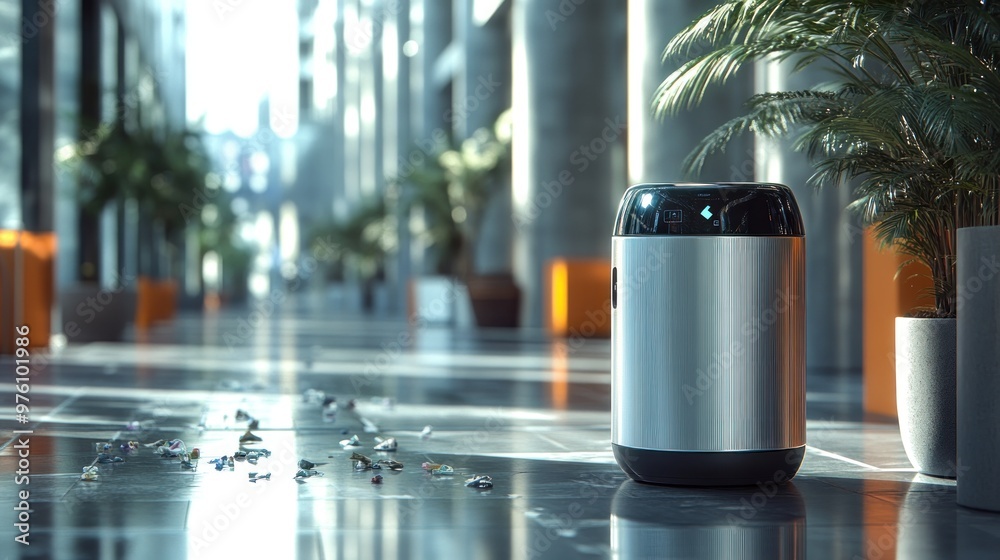 A waste sorting kiosk in a busy shopping mall, with integrated ...