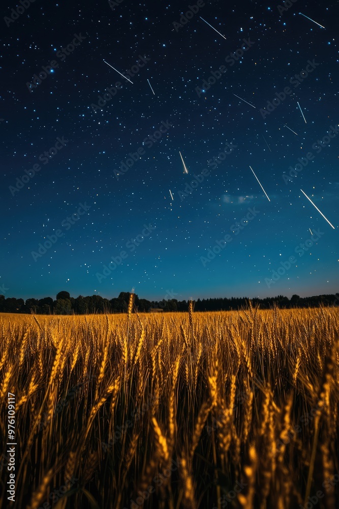 Golden Wheat Field Under a Night Sky Filled with Shooting Stars Stock ...