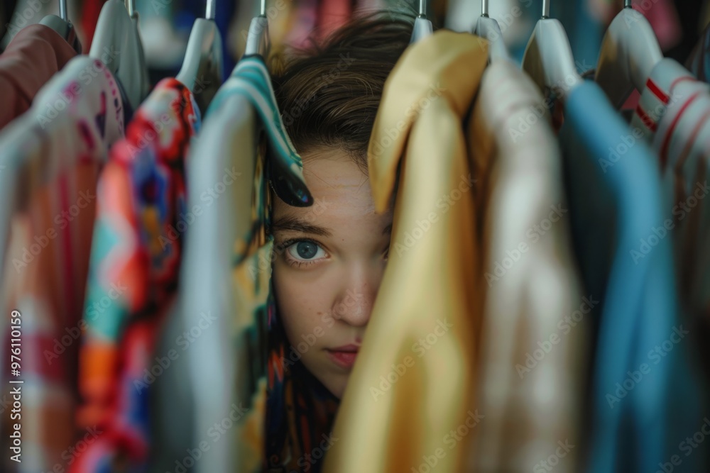 A girl is standing in a closet full of clothes Stock Photo | Adobe Stock