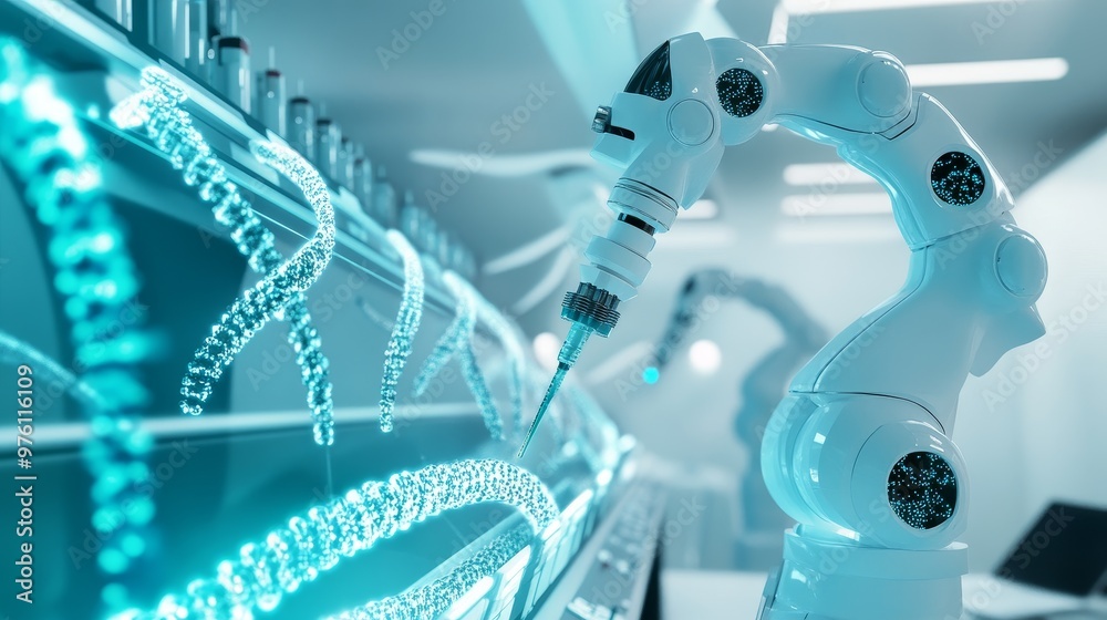Futuristic biotech lab with robotic systems managing genetic samples ...