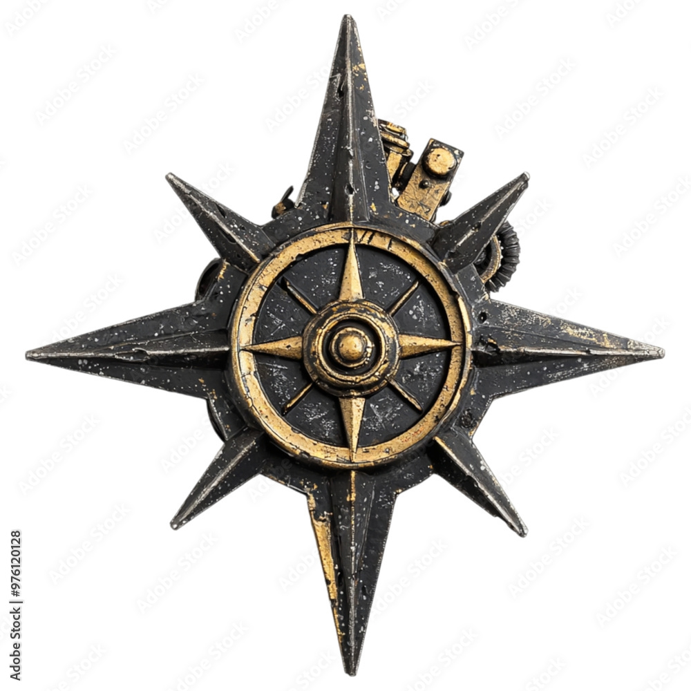 Rustic star-shaped gear with mechanical details on a transparent ...