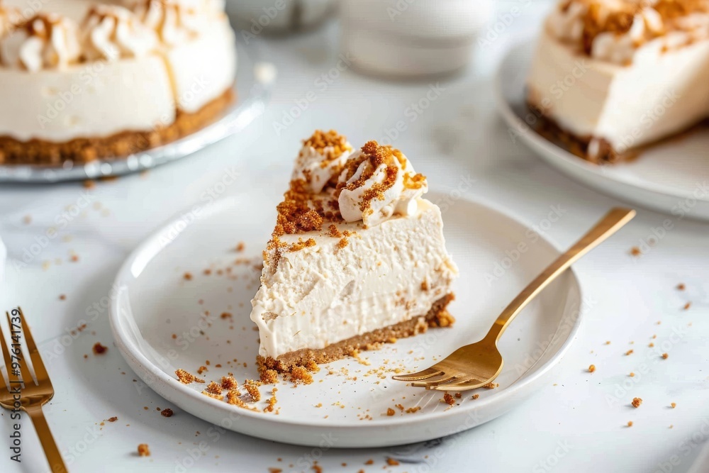 A slice of no-bake lotus biscoff cheesecake on a white plate along with ...