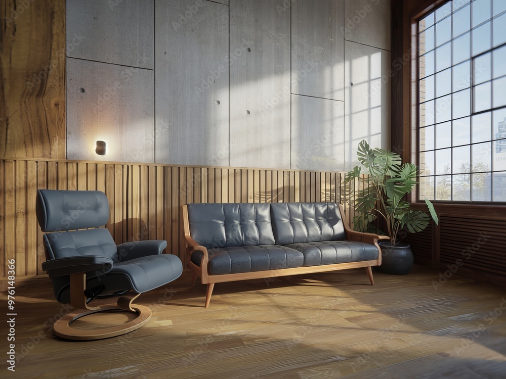 Loft interior design of modern living room with sofa and recliner chair ...