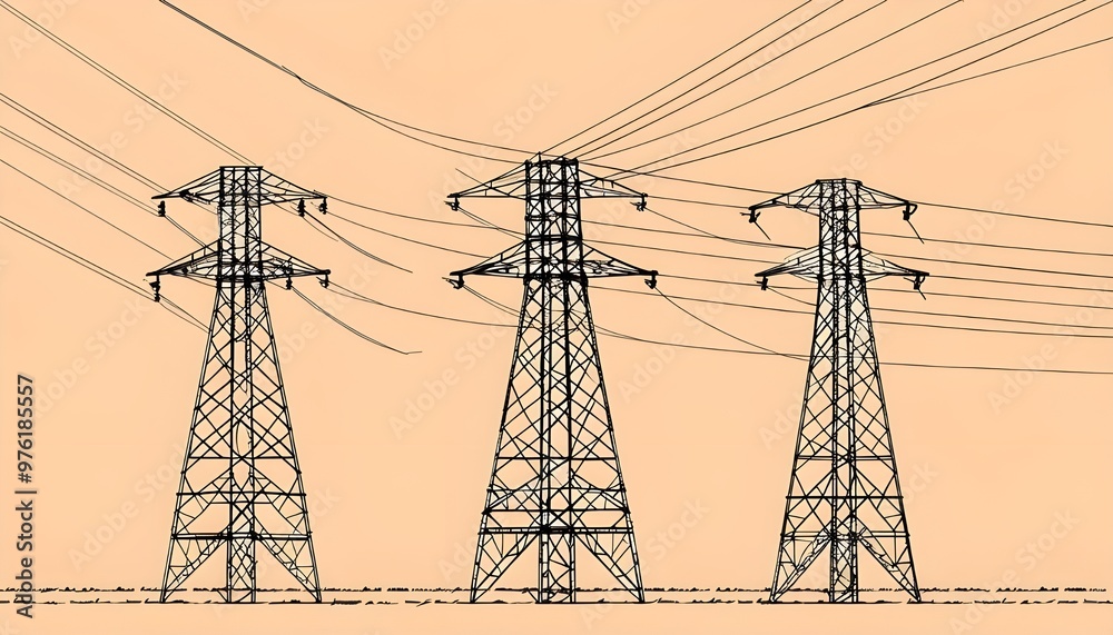 High-voltage power lines, triangular lattice electricity pylons with ...