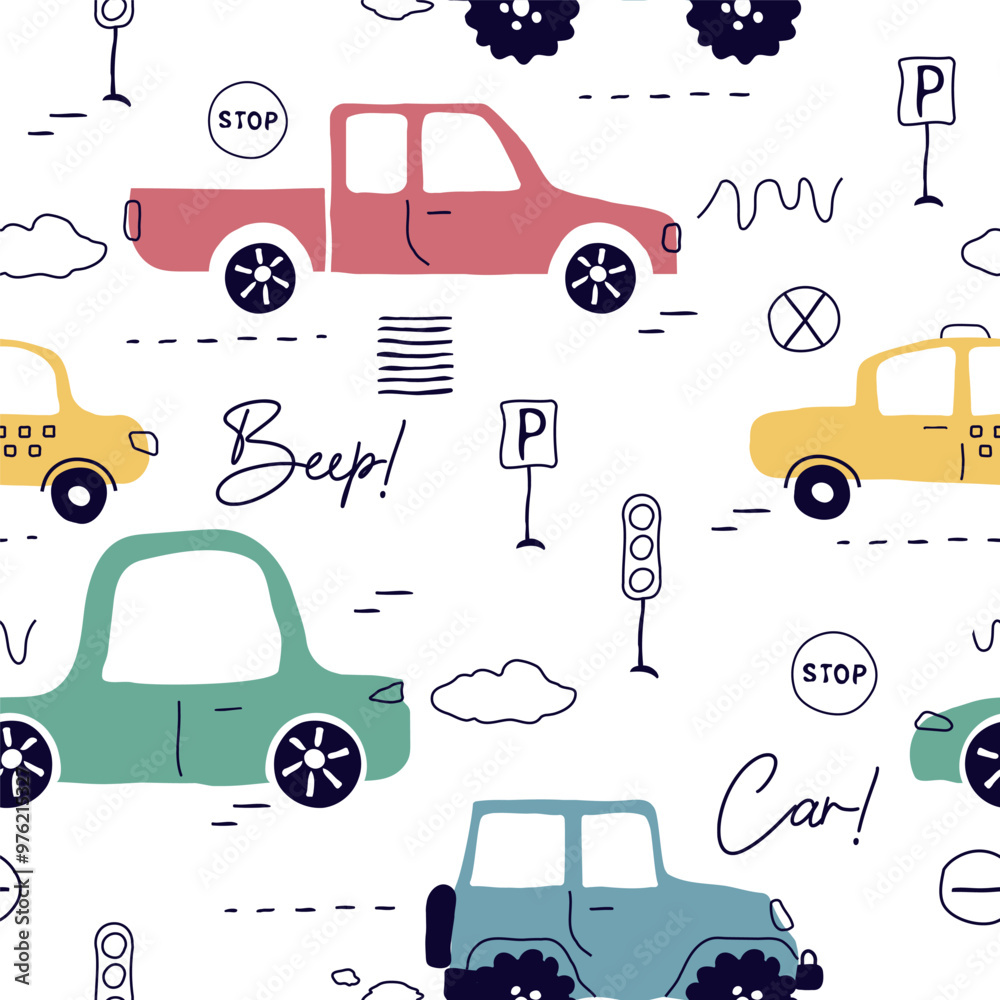 a seamless, trend pattern of cars. Transport background for children. A ...