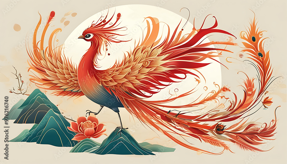 Create an illustration of traditional Chinese phoenix symbol, featuring ...