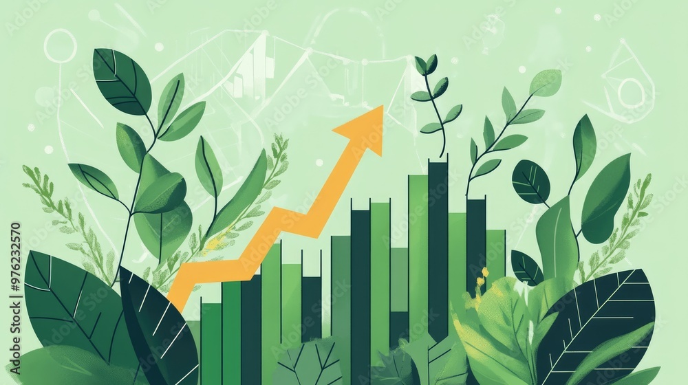 Green bar graph with upward yellow arrow surrounded by foliage ...