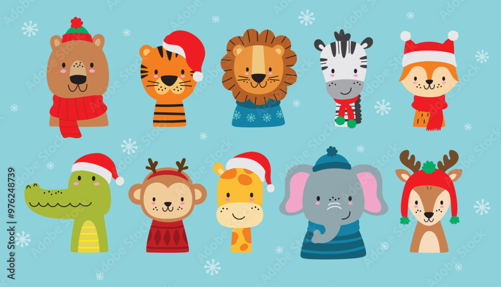 Cute Christmas wild animals vector illustration including a lion, tiger ...