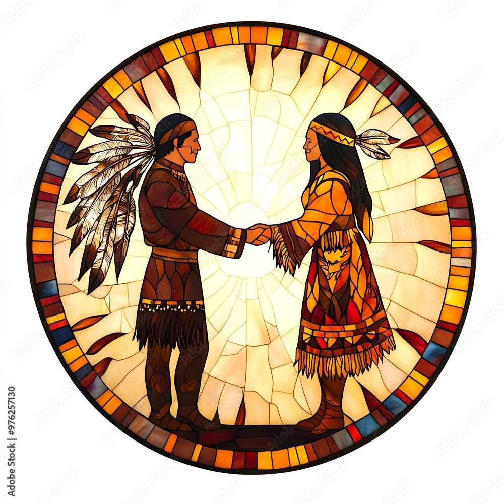 Stained glass art depicting a Native American couple sharing a moment ...