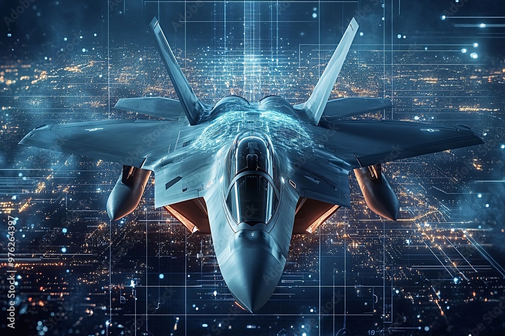 Futuristic fighter jet flies over a digital city at night, using ai for ...