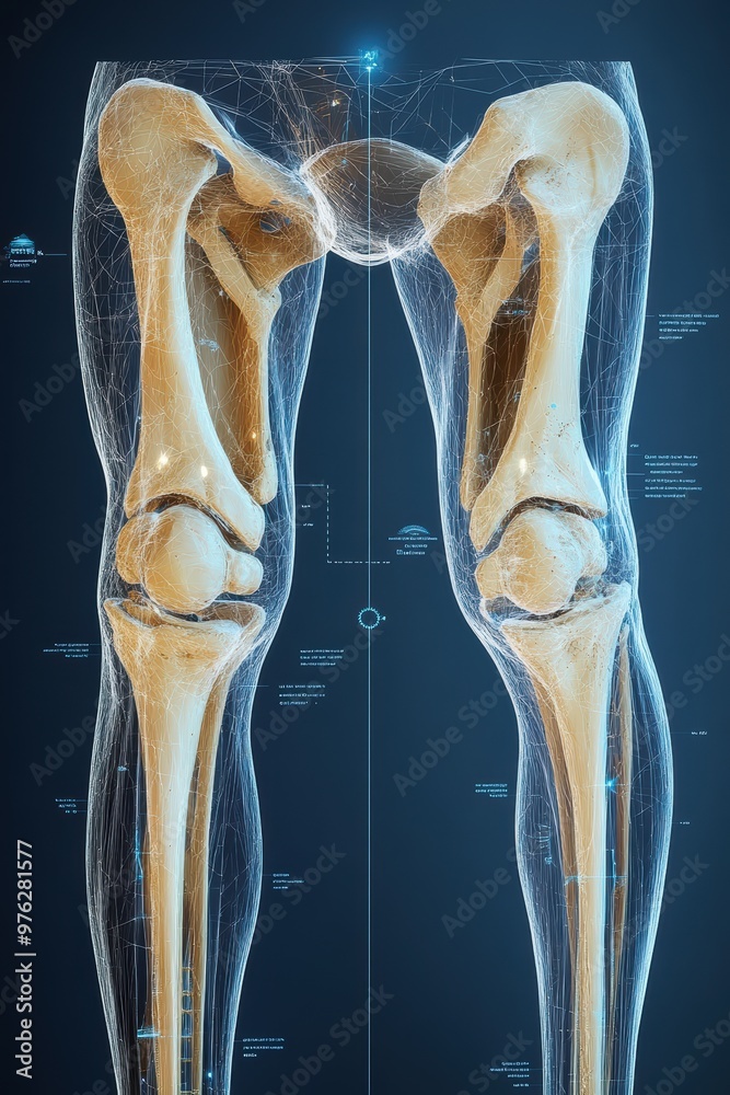 Split-screen visual of knee joint anatomy with highlighted skeletal ...
