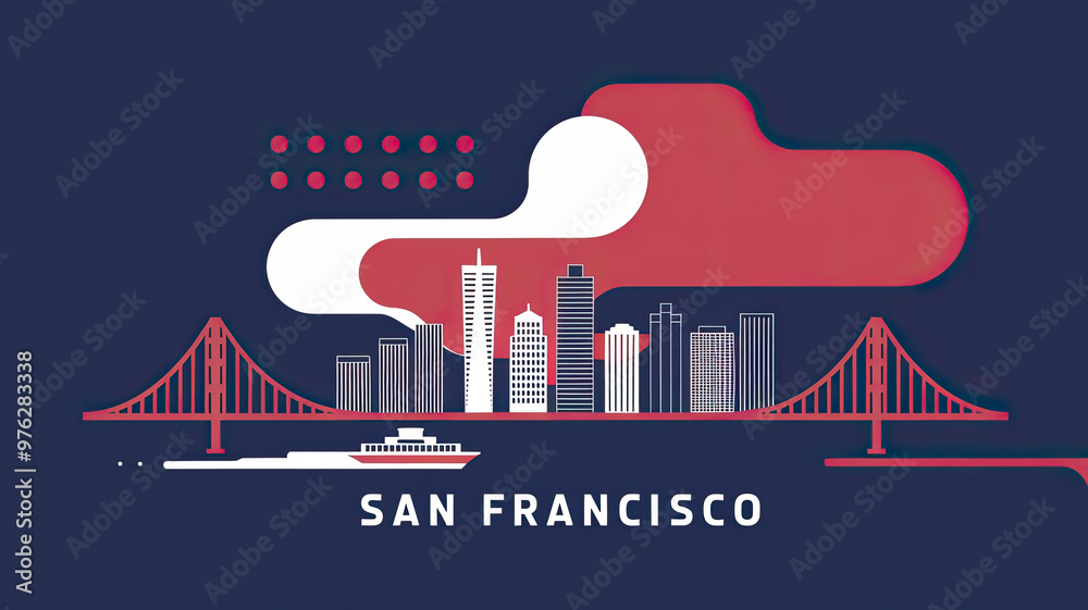 a modern-style graphic design of san francisco with a red, white, and ...