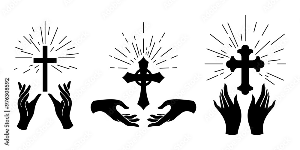 Christian logo. Catholic cross. Hands in pray. Arm gesture. Religious ...