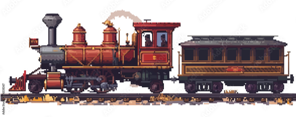 Create pixel art of a vintage train on tracks, pixel art on white ...