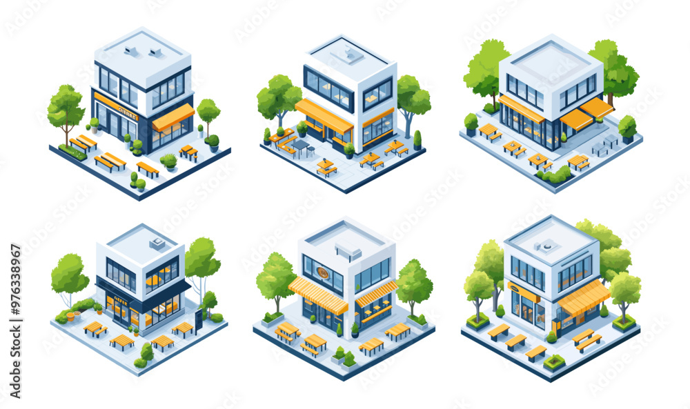Isometric cafe buildings. Restaurant modern glass facade cafeteria with ...
