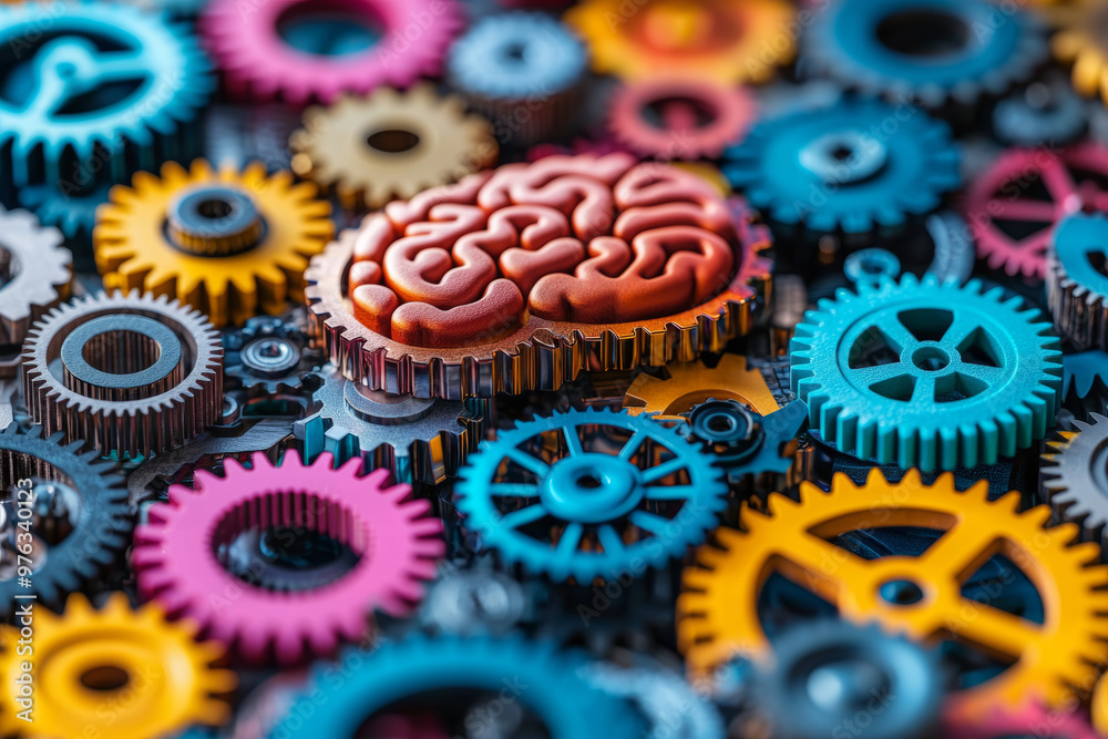 Brightly colored gears interlocking to form vibrant mechanical ...