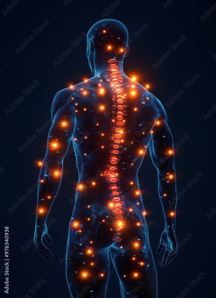 Illustration of a human body showcasing the spine with glowing red pain points indicating areas ...