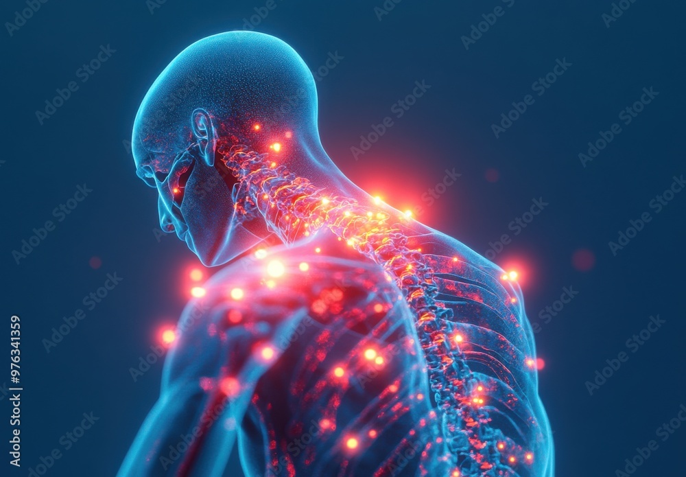 Human body with glowing red shoulders and spine, highlighting neural ...