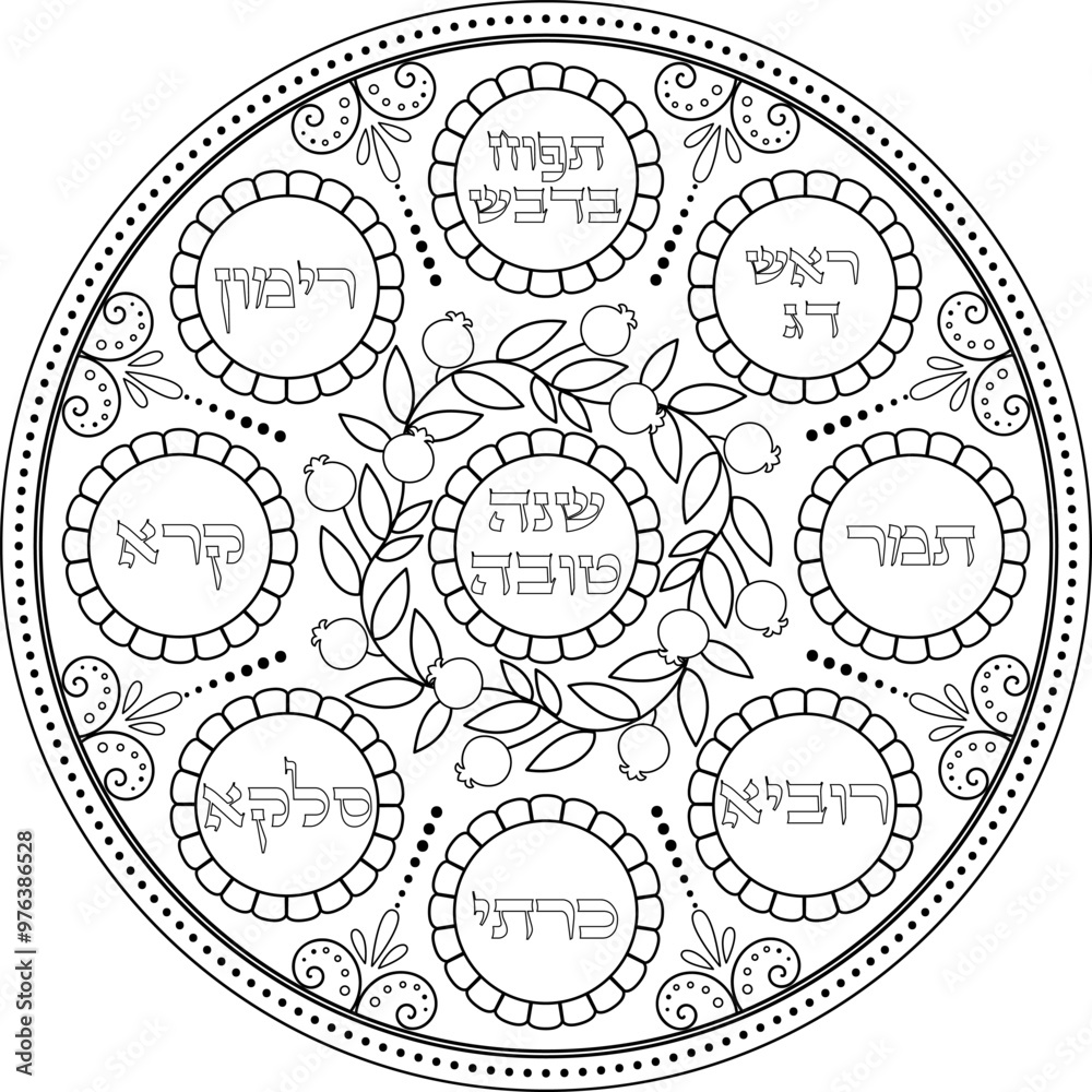 Judaica Rosh Hashanah simanim plate decorative illustration with Hebrew ...