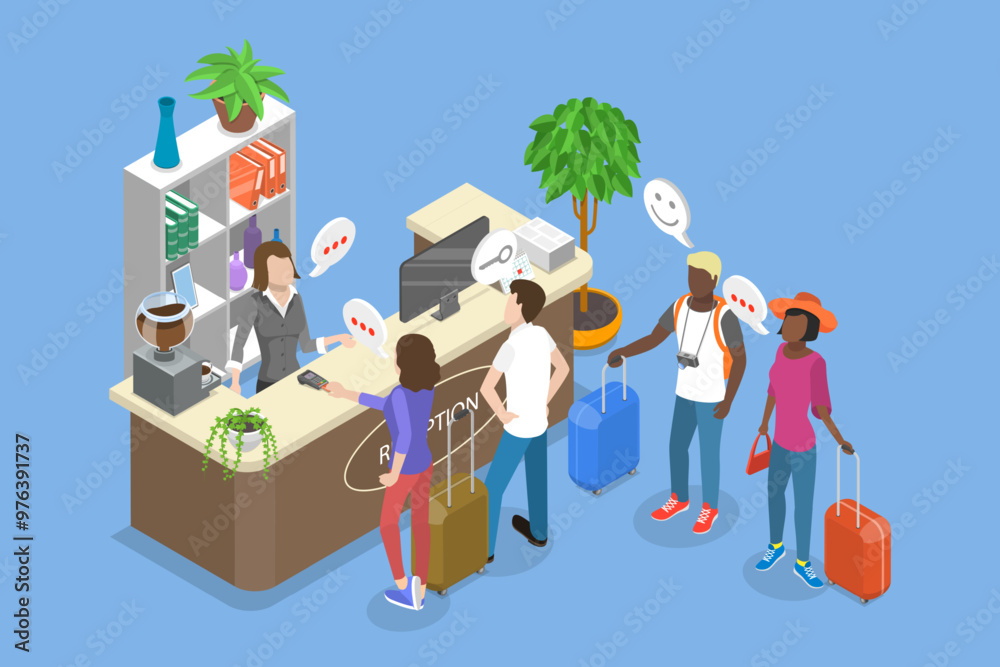 3D Isometric Flat Vector Illustration of Receptionist, Reception Desk ...