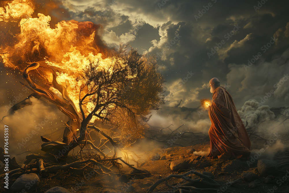 Foto de Stock Moses and the Burning Bush in a Profound Encounter with ...