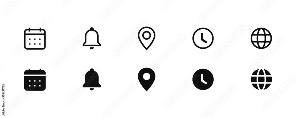 Address location icon. Notification bell icon. Stopwatch timer icon. Date Calendar icon. Website ...