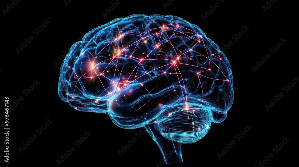 A medical illustration of the brain with highlighted regions associated ...