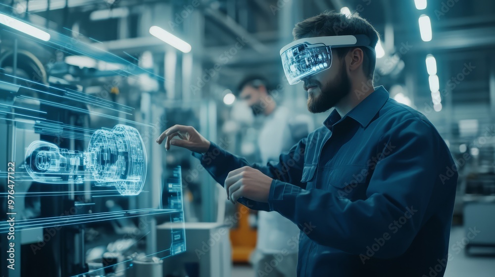 Engineer using augmented reality headset to visualize holographic model in futuristic factory ...